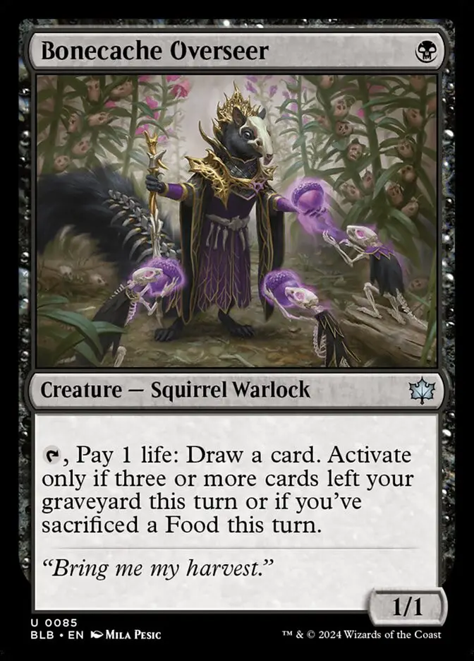 Bonecache Overseer • Creature — Squirrel Warlock (Bloomburrow) - MTG Assist